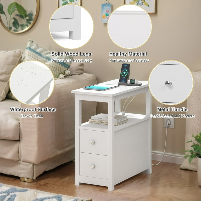 Jaxpety small end table with cup holder electric charging station 2 usb ports & power strip home office store