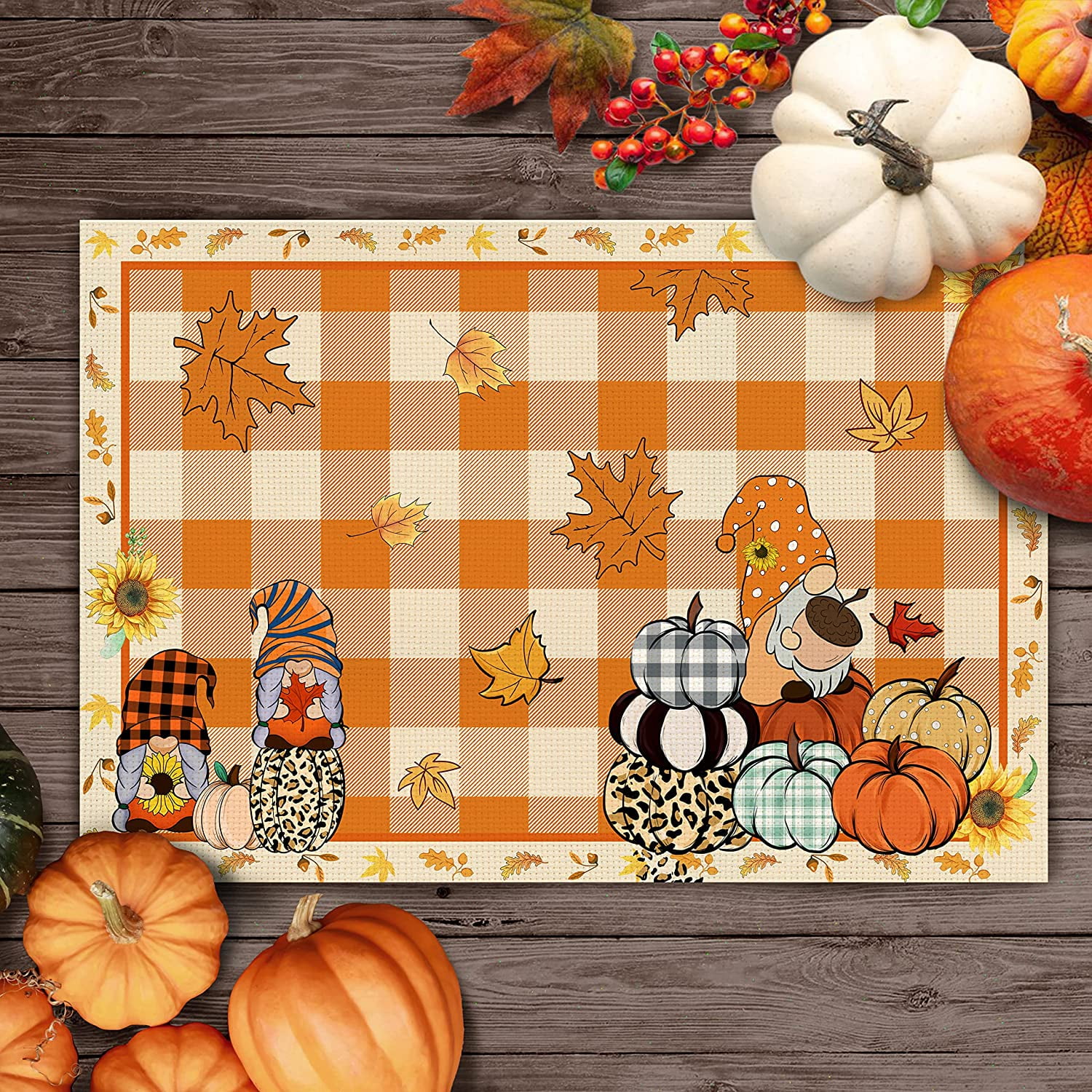 Fall Thanksgiving Orange Buffalo Plaid Pumpkin Placemats,Autumn Rustic ...