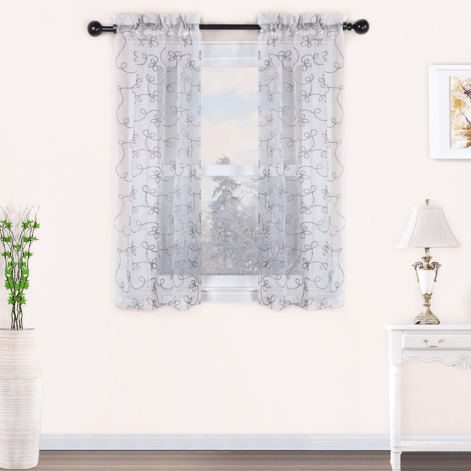 Scroll Pattern Two Panels Sheer Curtains, 26" x 63", Grey by Blue Nile ...
