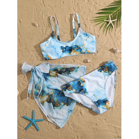 3 Pcs Girls' Bikini Swimsuit Marble Print Cami Top & Bikini Bottoms ...