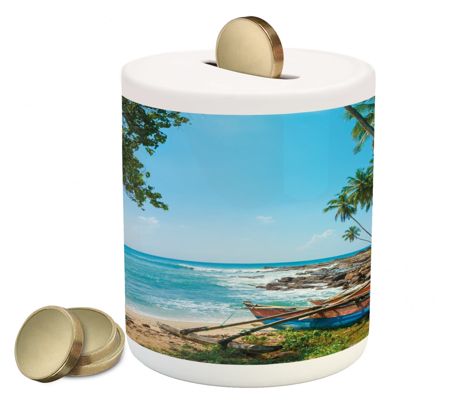 Beach Piggy Bank, Tropical Ocean Scenery with Palm Trees and Fishing ...