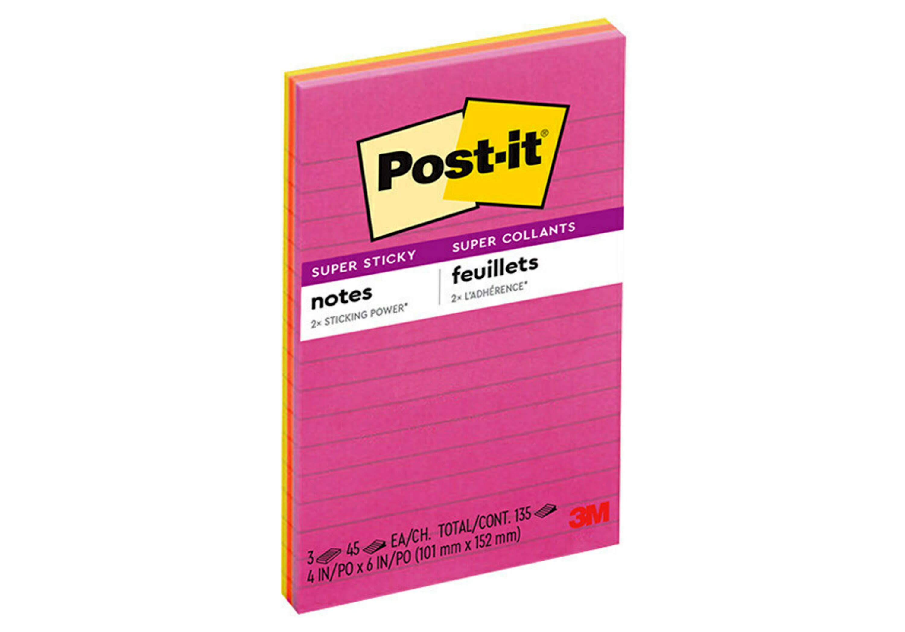 Post-it Super Sticky Notes, Lined, 4 in x 6 in, Assorted Brights, 3 ...