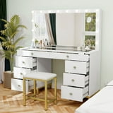Uforic 55" Vanity Desk with Lighted Mirror & Power Outlet & 8 Drawers ...