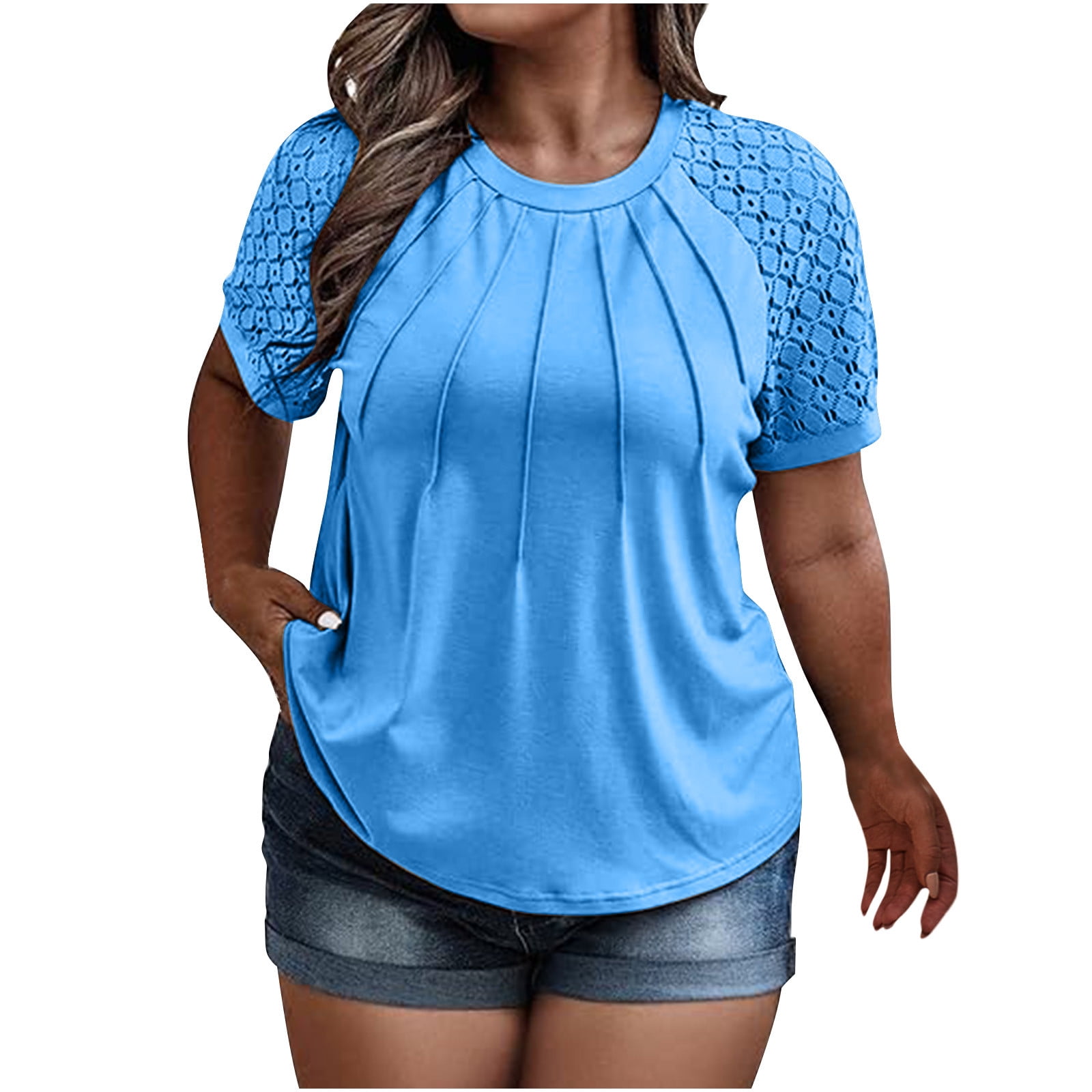 Click here for Jsaierl Plus Size Lace Hollow Out Short Sleeve Top... prices