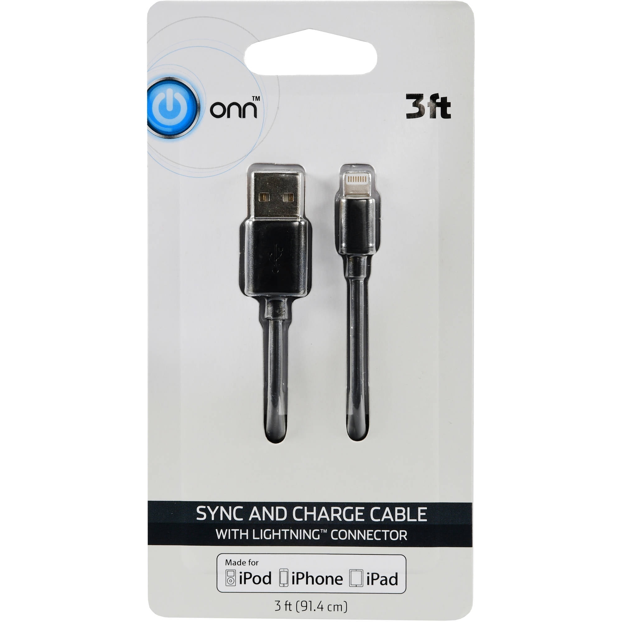 onn. Lightning Cable 3', Black - Walmart.com