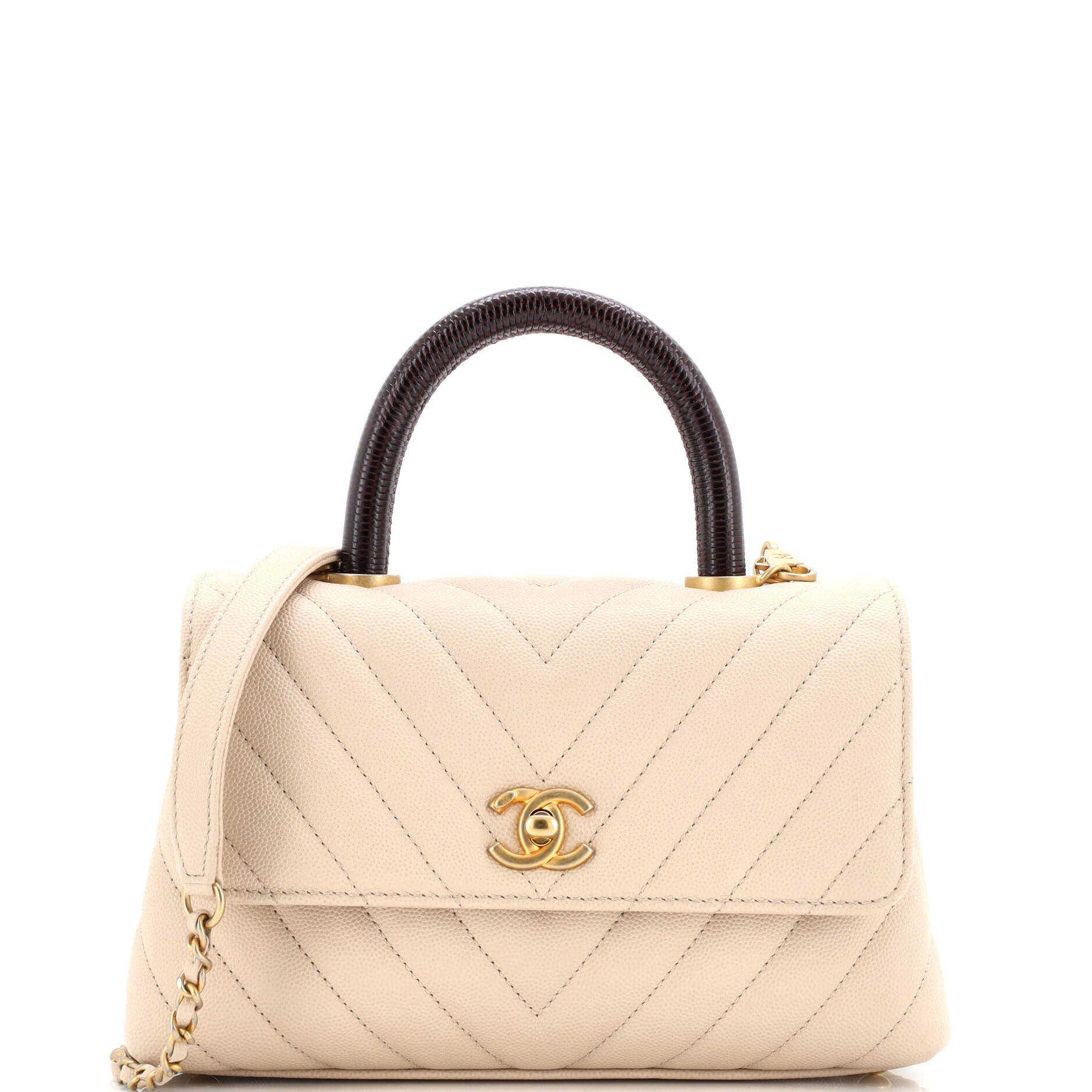 Pre-Owned Coco Top Handle Bag Chevron Caviar with Lizard Embossed ...