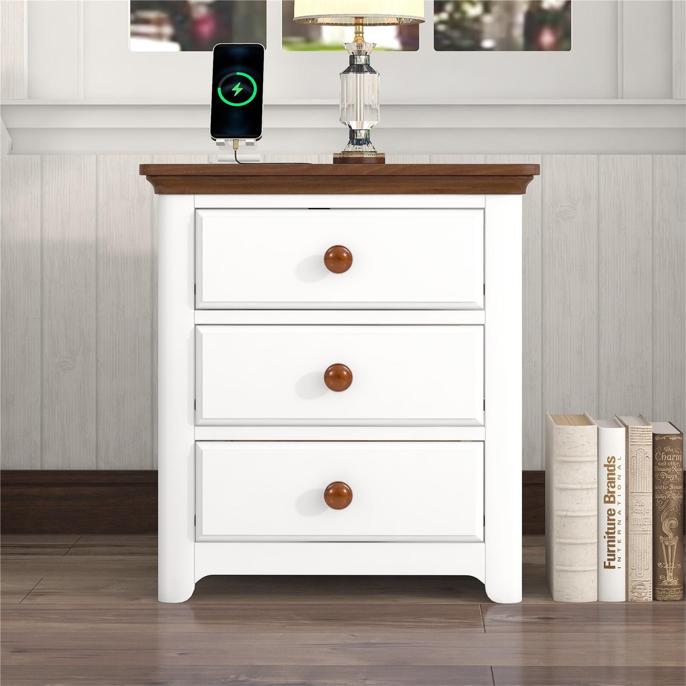 Wooden Nightstand, Bedroom Side Storage Cabinet with USB Ports and ...