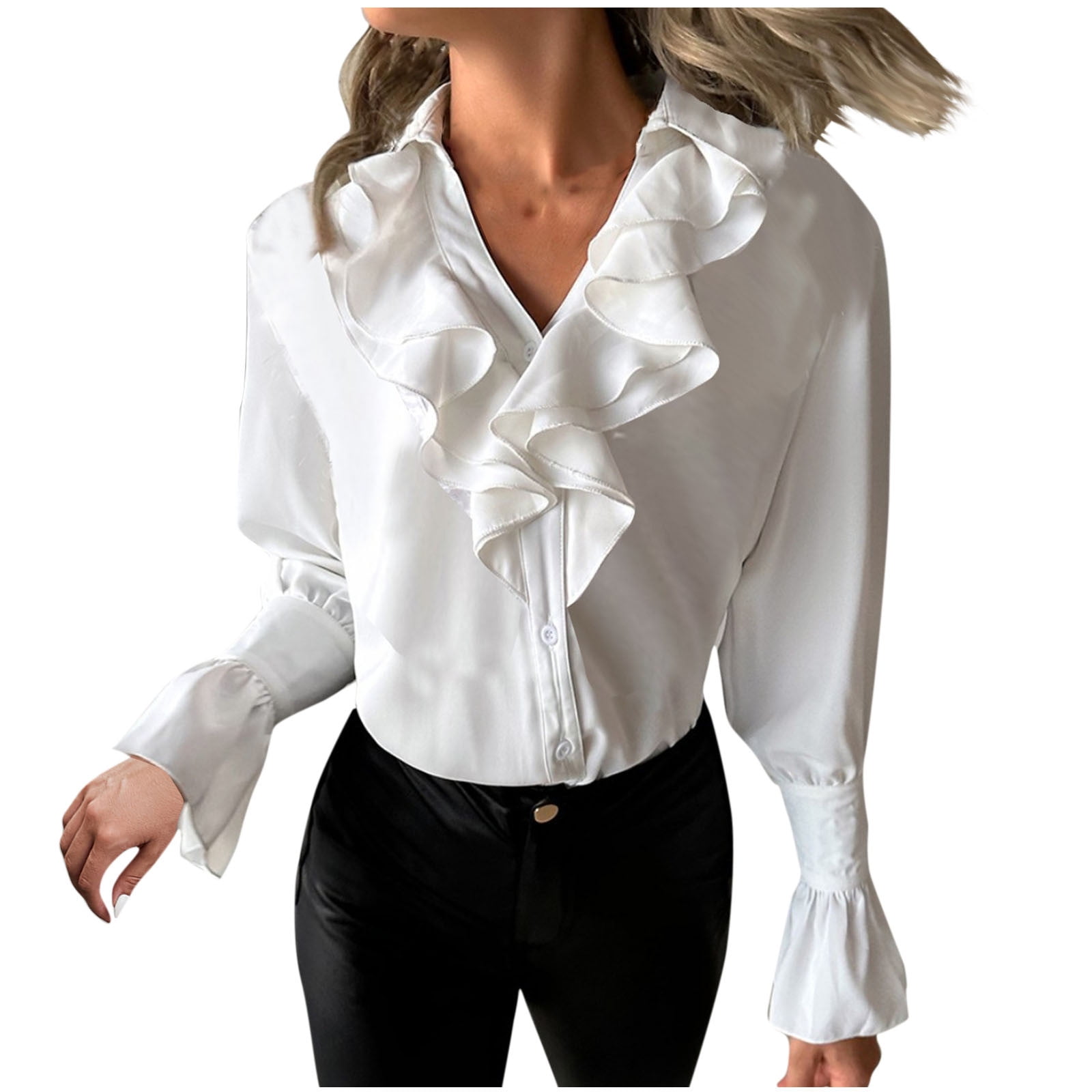 FAIWAD Women Ruffle V-Neck Shirts Long Sleeve Patchwork Dressy Solid ...