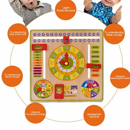 Kids Wooden Cognitive Calendar Clock Weather Time Season Early Learning ...