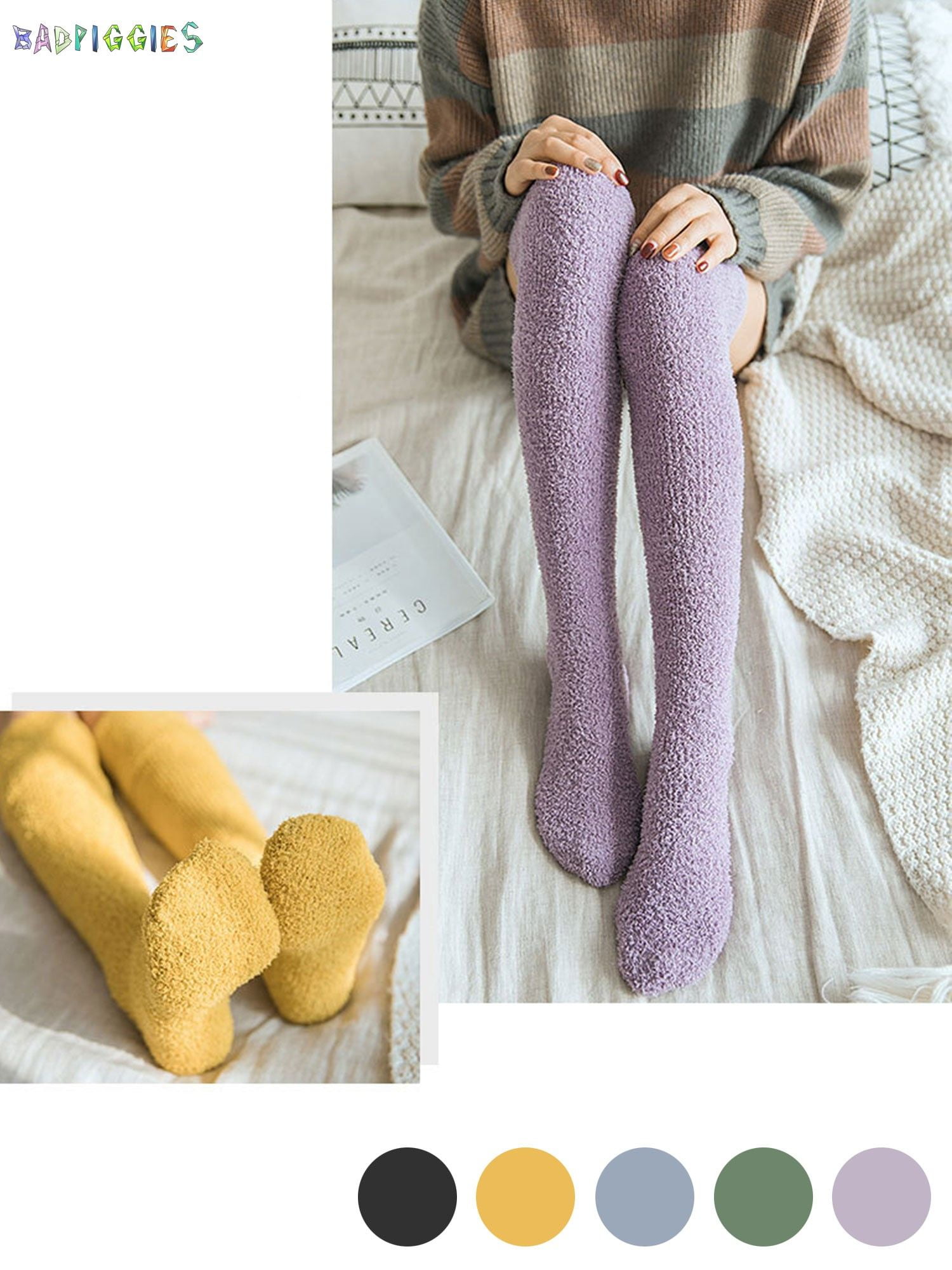 BadPiggies Womens Warm Coral Fleece Thigh High Stockings Soft Thicken ...