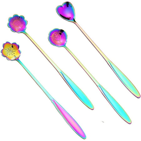 SHTUUYINGG 4 Pcs Flower Iced Tea Spoon Set, 18/10 Stainless Steel Rose ...