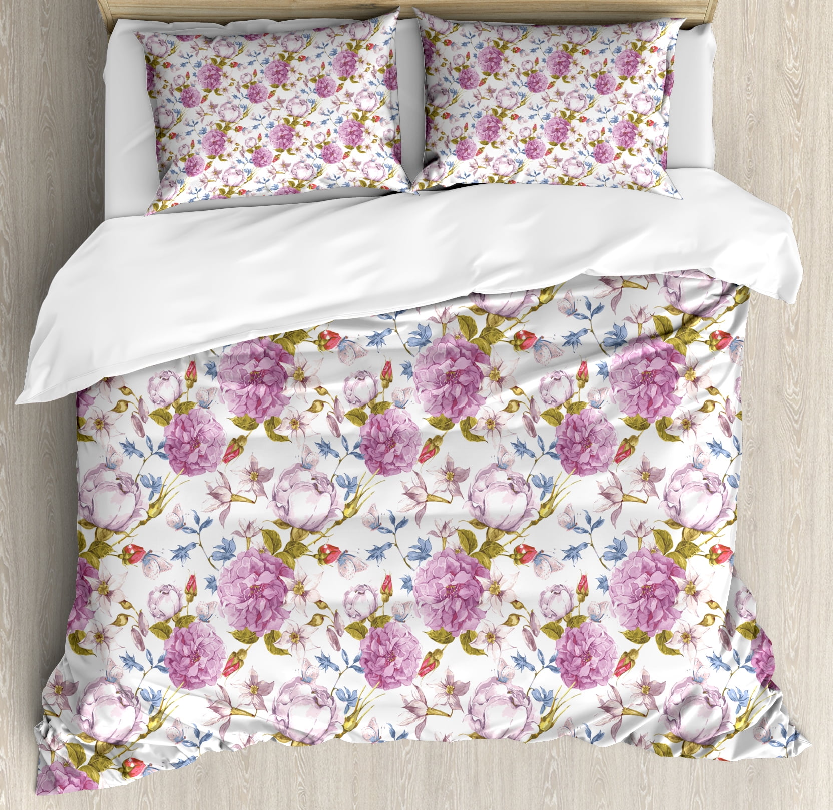 Floral Queen Size Duvet Cover Set Vintage Pastel Spring Scene With