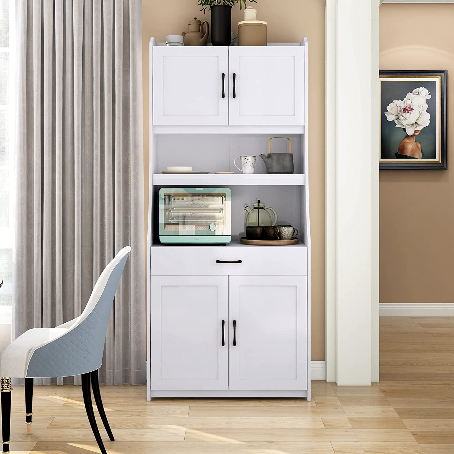 High Pantry Cabinet with Hutch Freestanding Kitchen Buffet Cabinet with ...