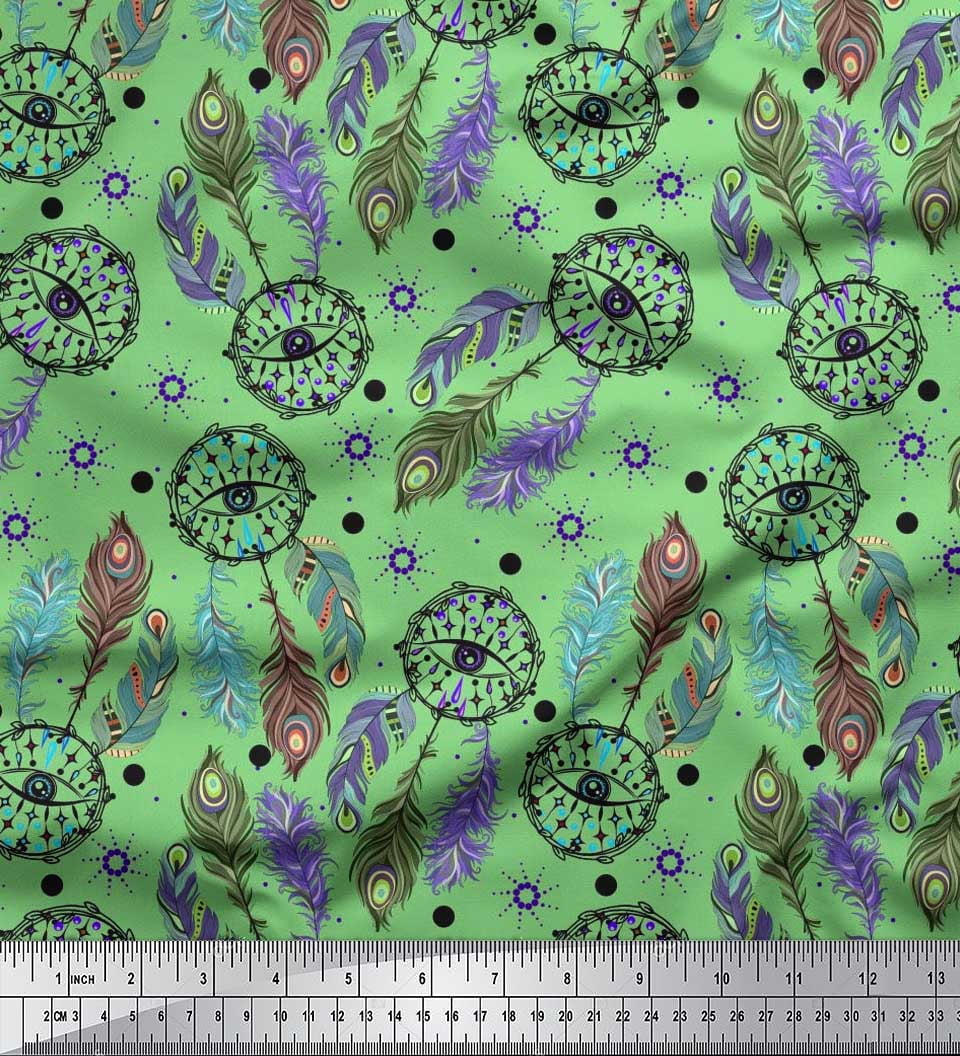 Soimoi Satin Silk Fabric Eye,Dot & Peacock Feather Print Fabric by Yard ...