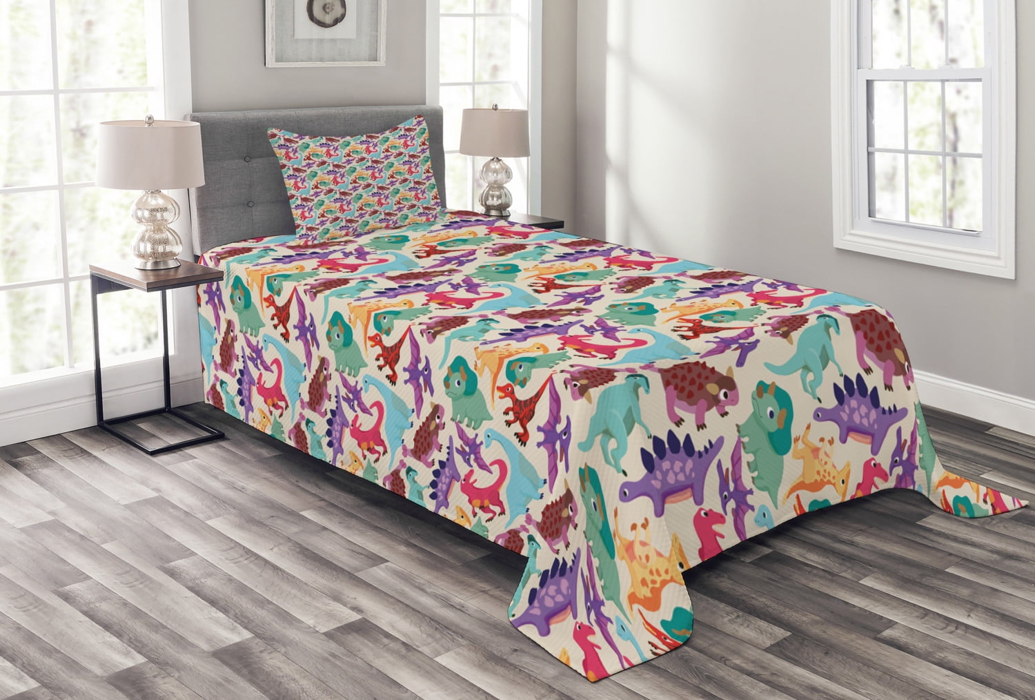 Ambesonne Dinosaur Quilted Bedspread Set 2 Pcs, Funny Monsters Cartoon ...