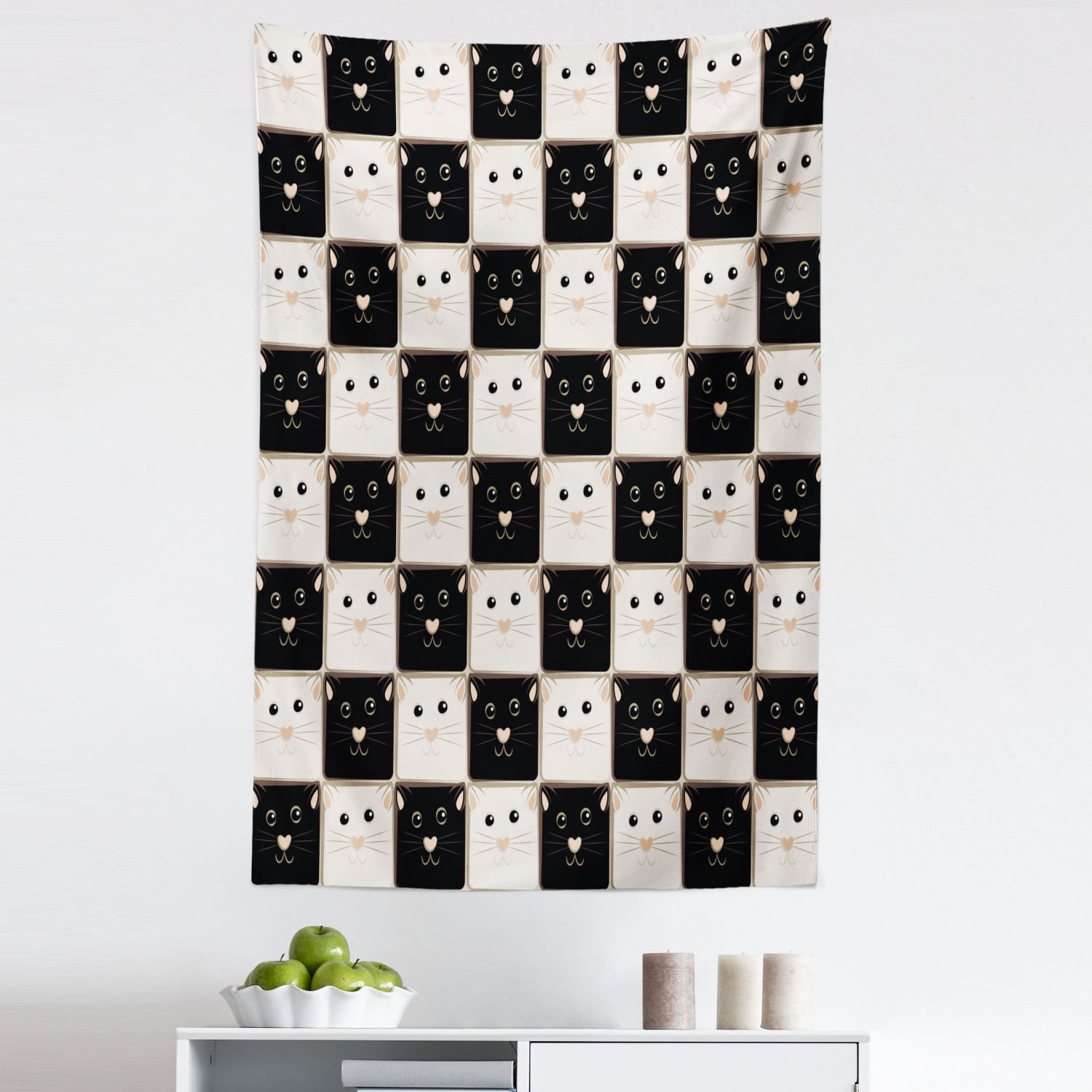 Checkers Game Tapestry, Checkered Squares with Cat Faces in Classic ...