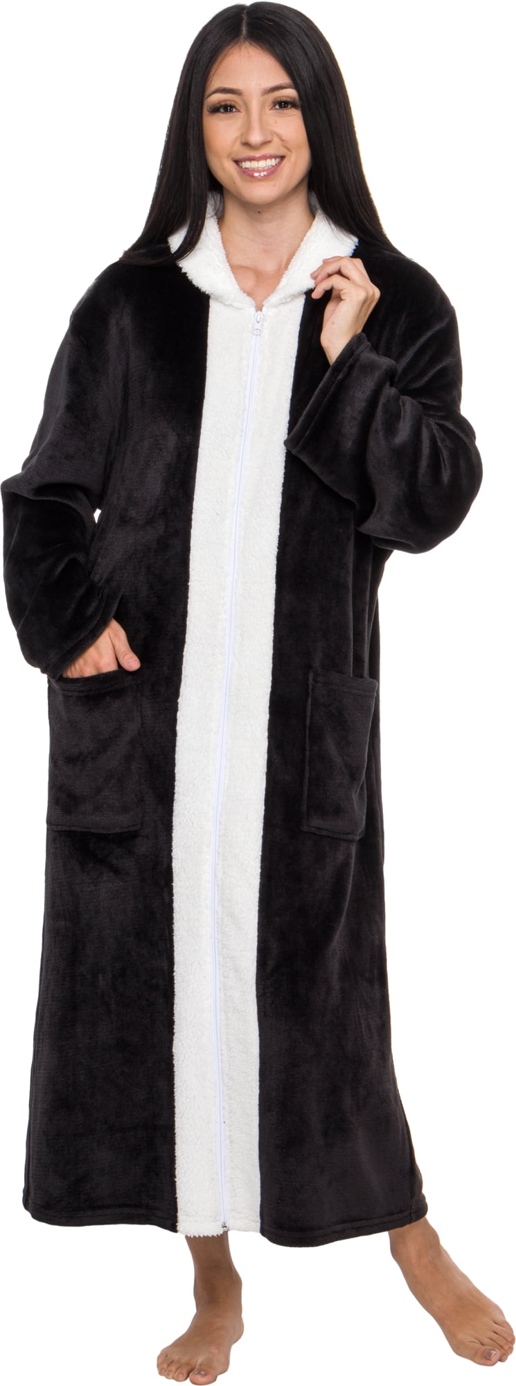 Silver Lilly Womens Sherpa Trim Fleece Robe Zip Up - Luxury Long House ...