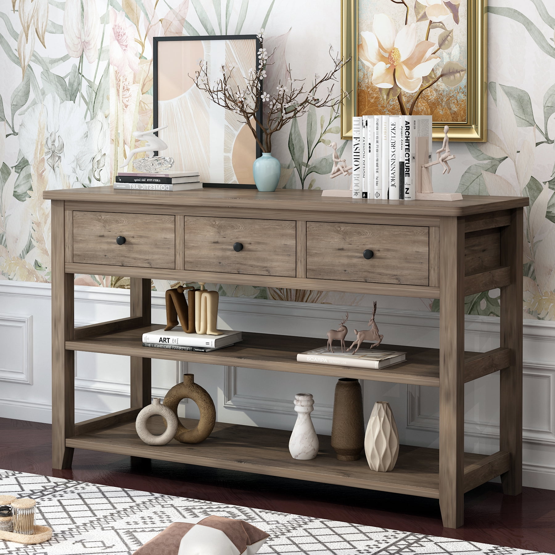 Ktaxon 3-Tier Wood Console Table with 3 Drawers and Shelves, Narrow ...