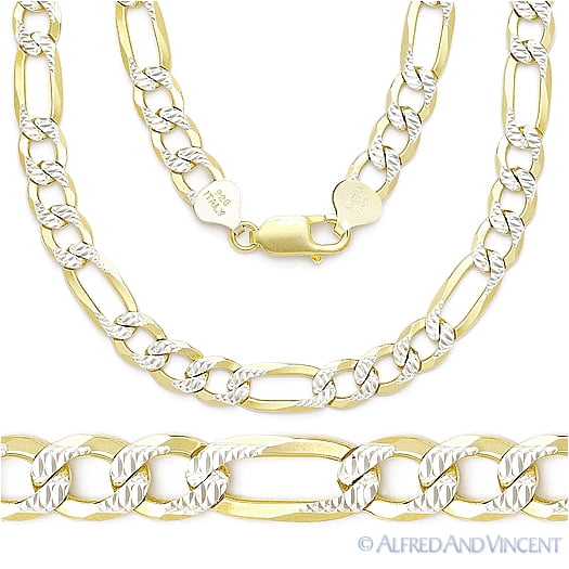 6.8mm Figaro / Figaroa D-Cut Pave Link Italian Chain Necklace in .925 ...