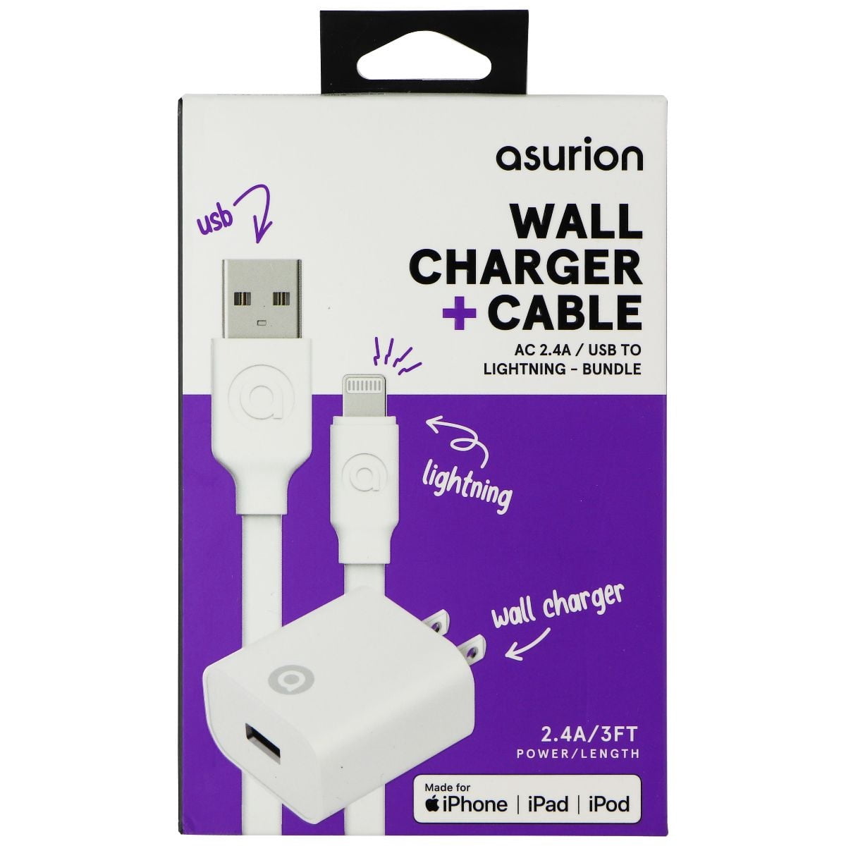 Asurion 2.4A Wall Adapter + Lightning 8-Pin to USB Cable (3-Ft) - White ...