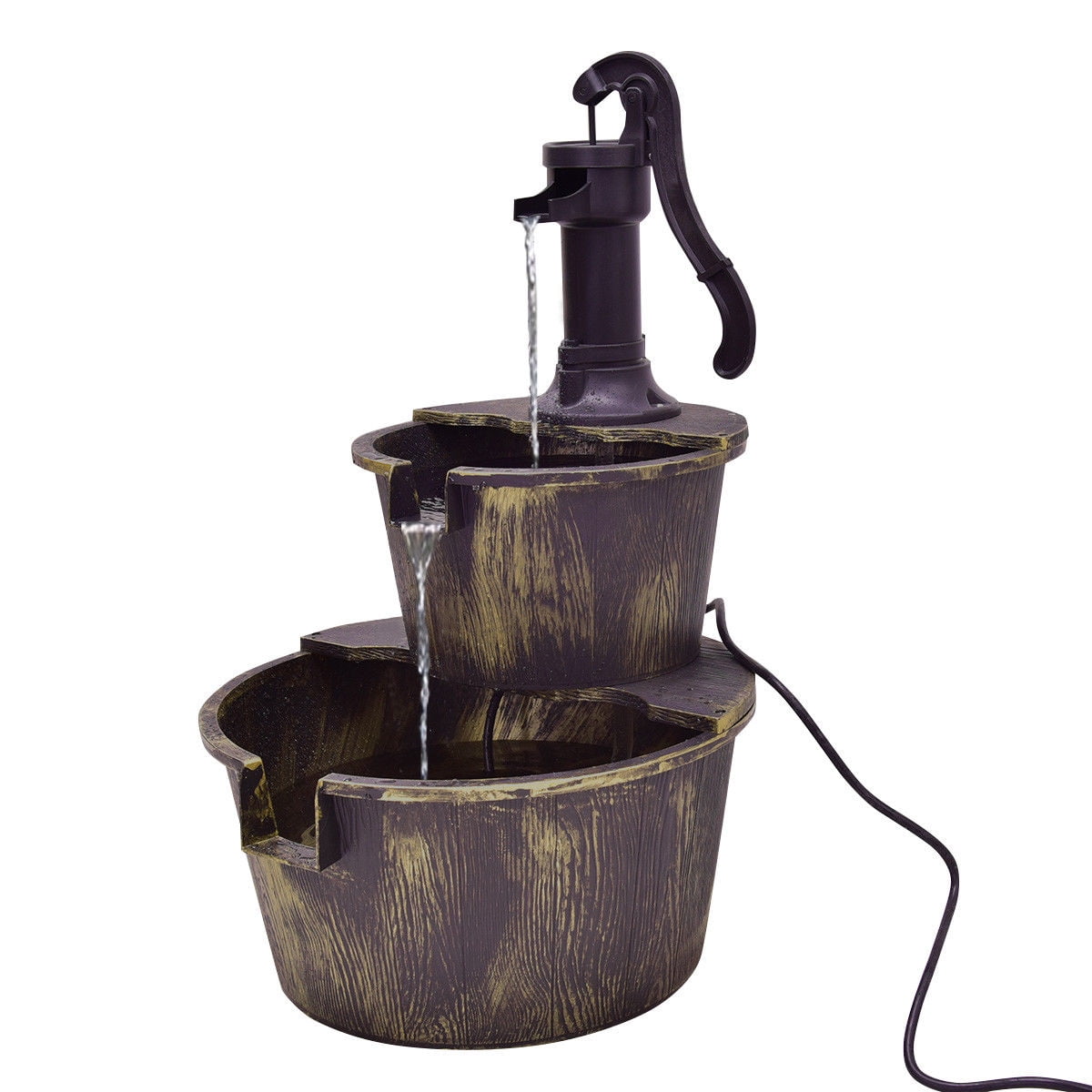 Gymax 2 Tier Barrel Waterfall Fountain Barrel Water Fountain Pump ...