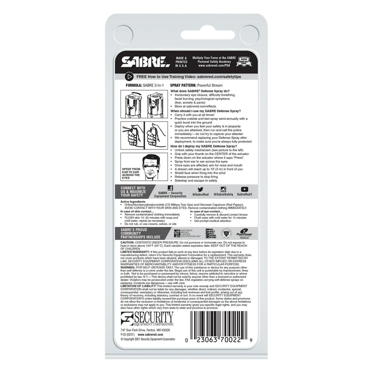 Peoper Spray SABRE Defense Spray, 3-in-1 Formula Contains Max Strength ...