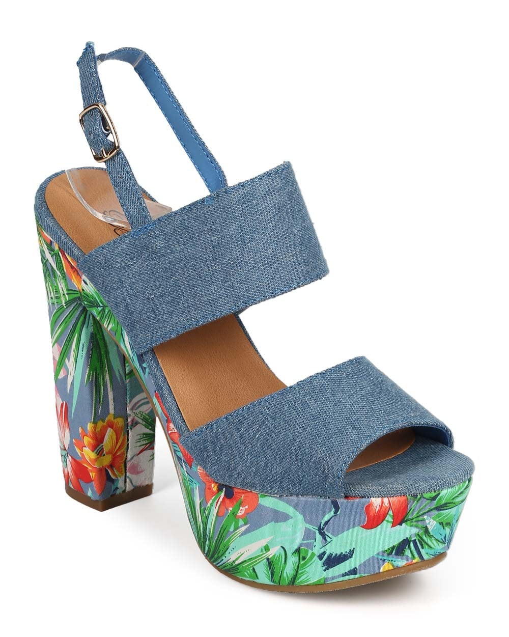 Breckelles DH25 Women Denim Peep Toe Double Strap Block Heel Hawaiian ...