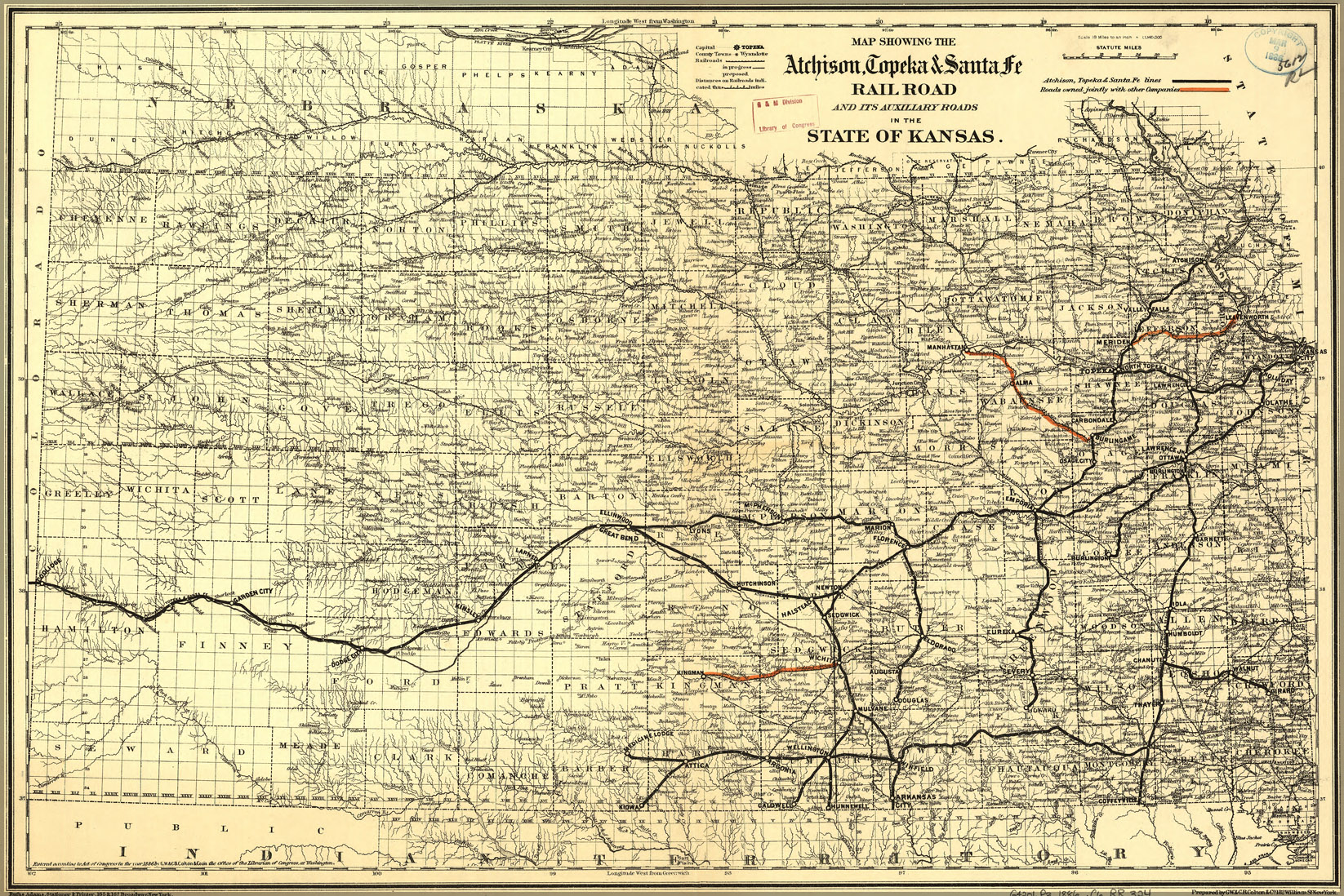 24"x36" Gallery Poster, Map Atchison Santa Fe RailRoad kansas 1886 ...