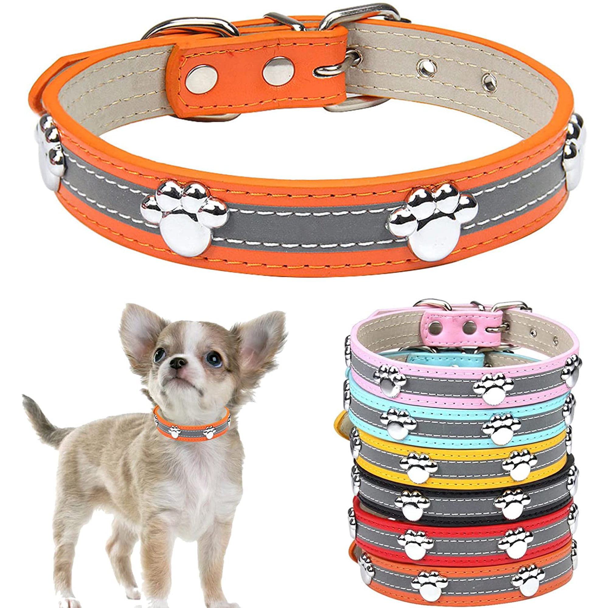 HUOGUO Reflective Dog Collar with Cute Paw Rivet Studded Funny Soft PU Leather Adjustable Puppy Dog Collars for Small Medium Large Dogs Cats Orange