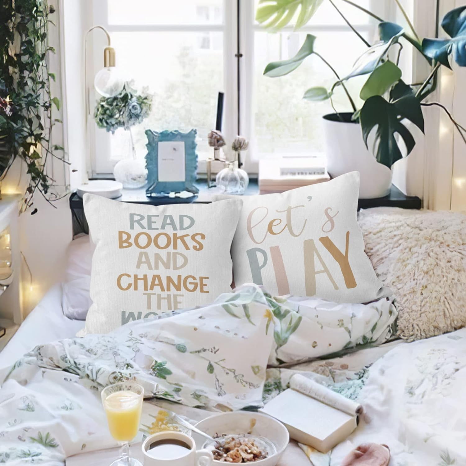 Flannel Reading Nook Pillows Boho Rainbow Reading Pillow Covers Set Of ...