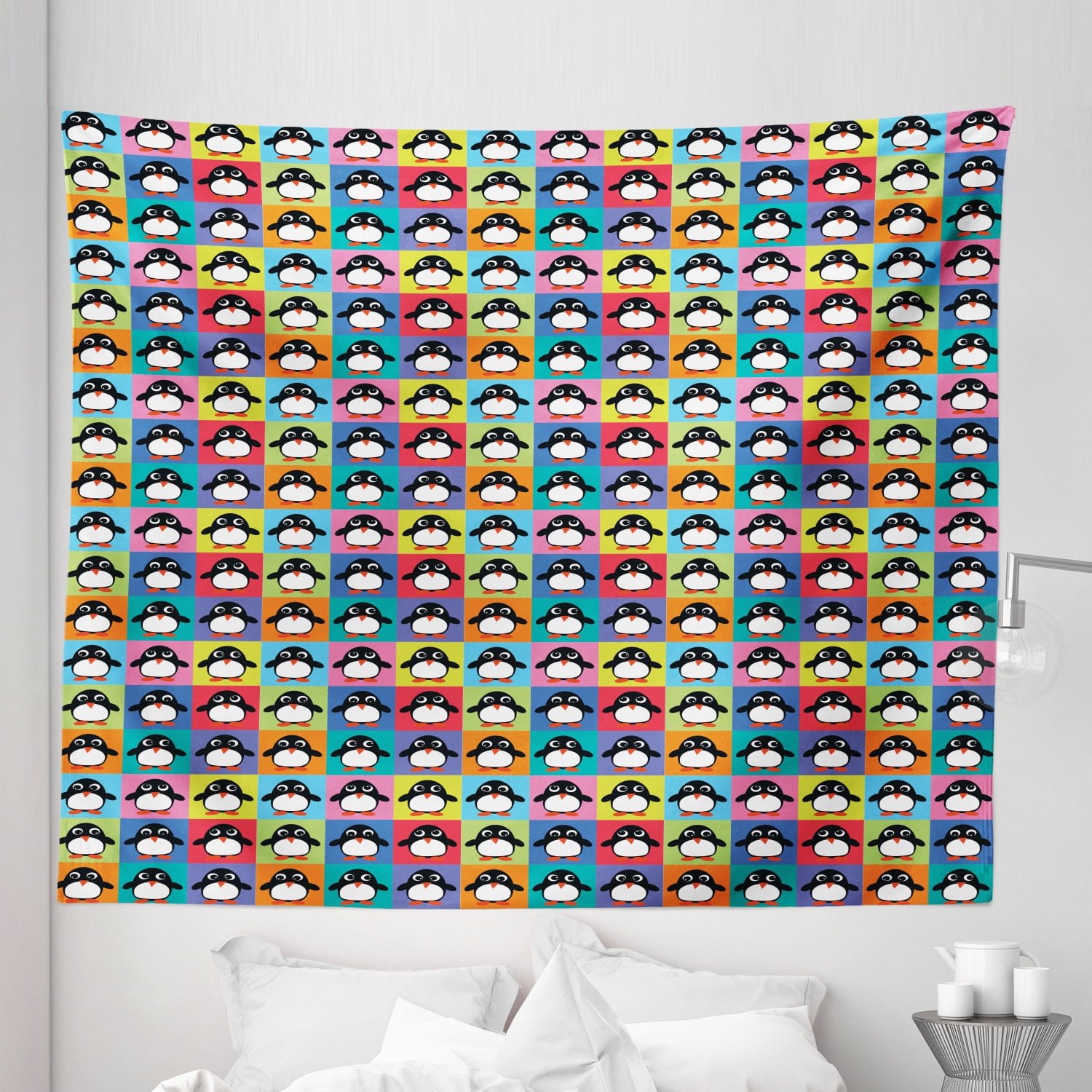 Penguin Tapestry, Rainbow Colored Checkered Squares Pattern with Arctic ...