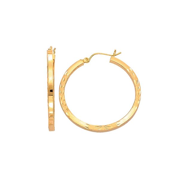 14k Yellow Gold Fancy Sparkle Cut Square Tube Round Hoop Earrings With