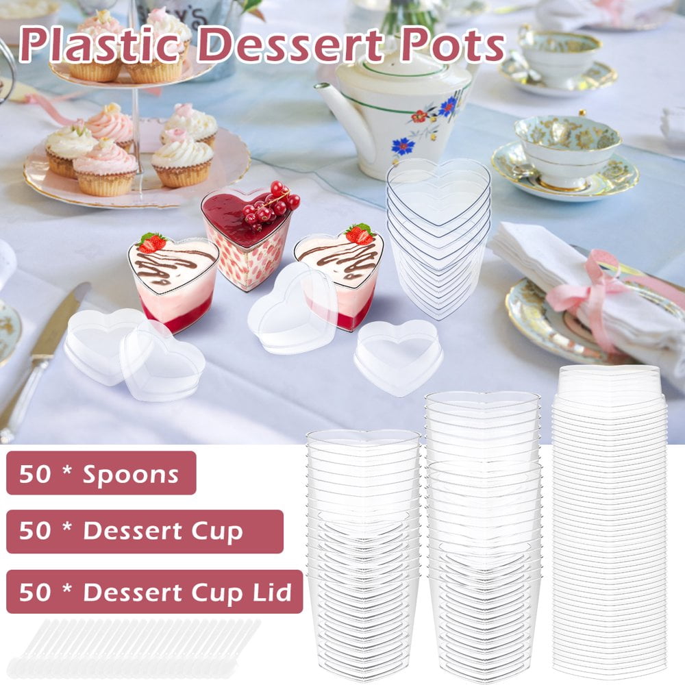 50Pcs Dessert Cups with Lids Spoons 6oz/180ml Mini Reusable for Dessert ...