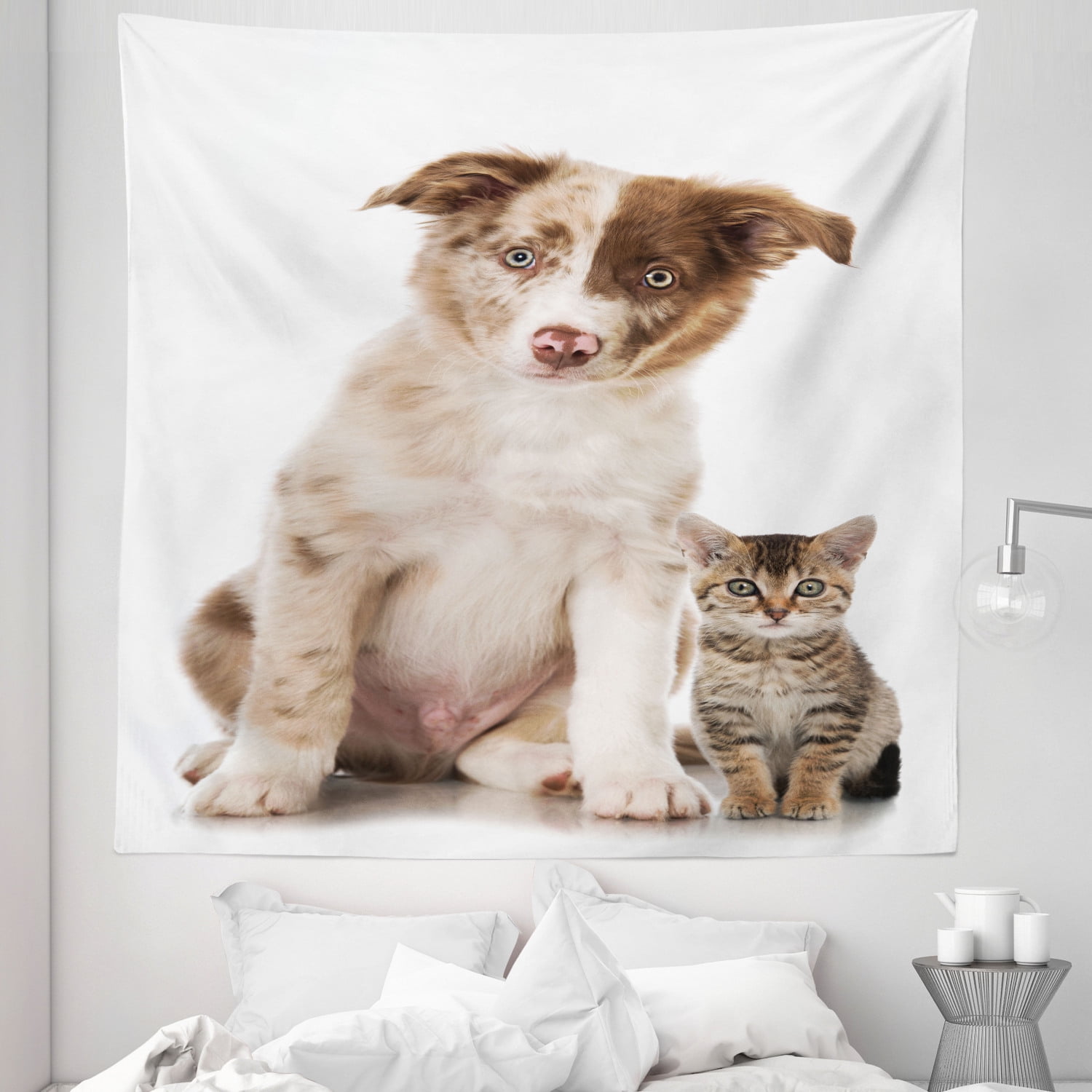 Dog and Cat Tapestry, Border Collie Puppy and a Mixed Breed Kitten ...