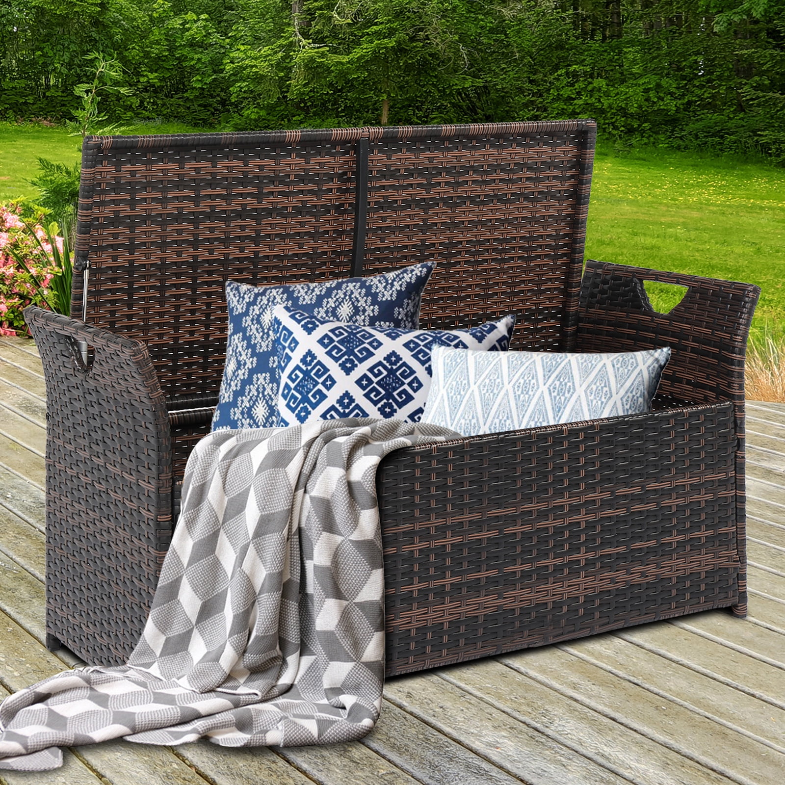 UWR-Nite Outdoor Wicker Storage Bench w/Cushion, Large PE Rattan Deck ...
