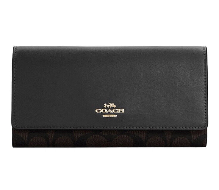 COACH Slim Trifold Wallet In Signature Canvas In Gold/Brown Black ...