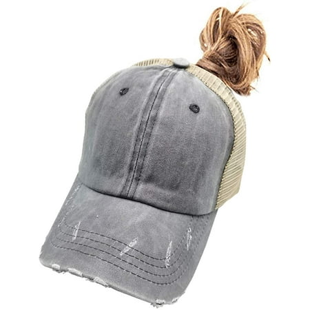 P5HAO Women's Vintage Distressed Mesh Trucker Ponytail Hat Messy Bun ...