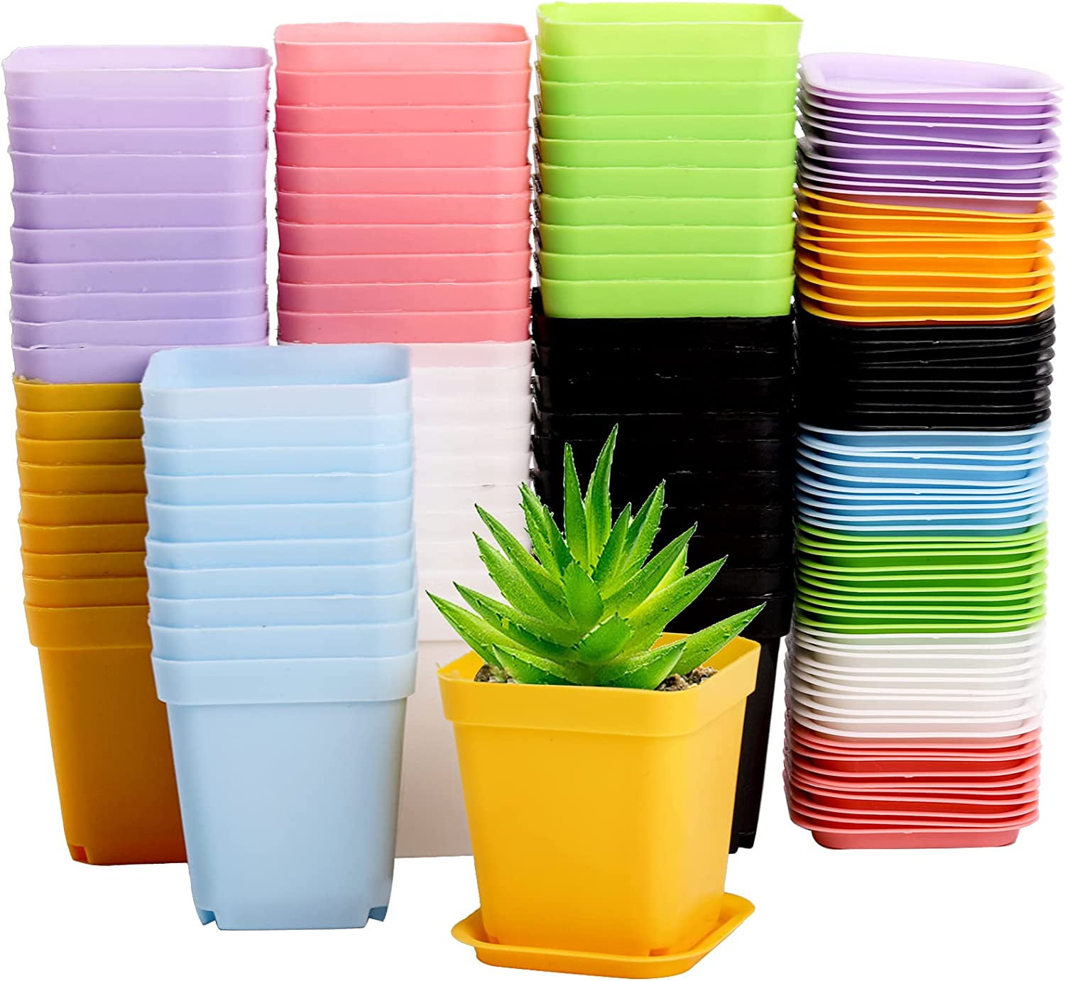 4Pcs Plastic Flower Seedling Nursery Pot with Tray, Colorful Square ...