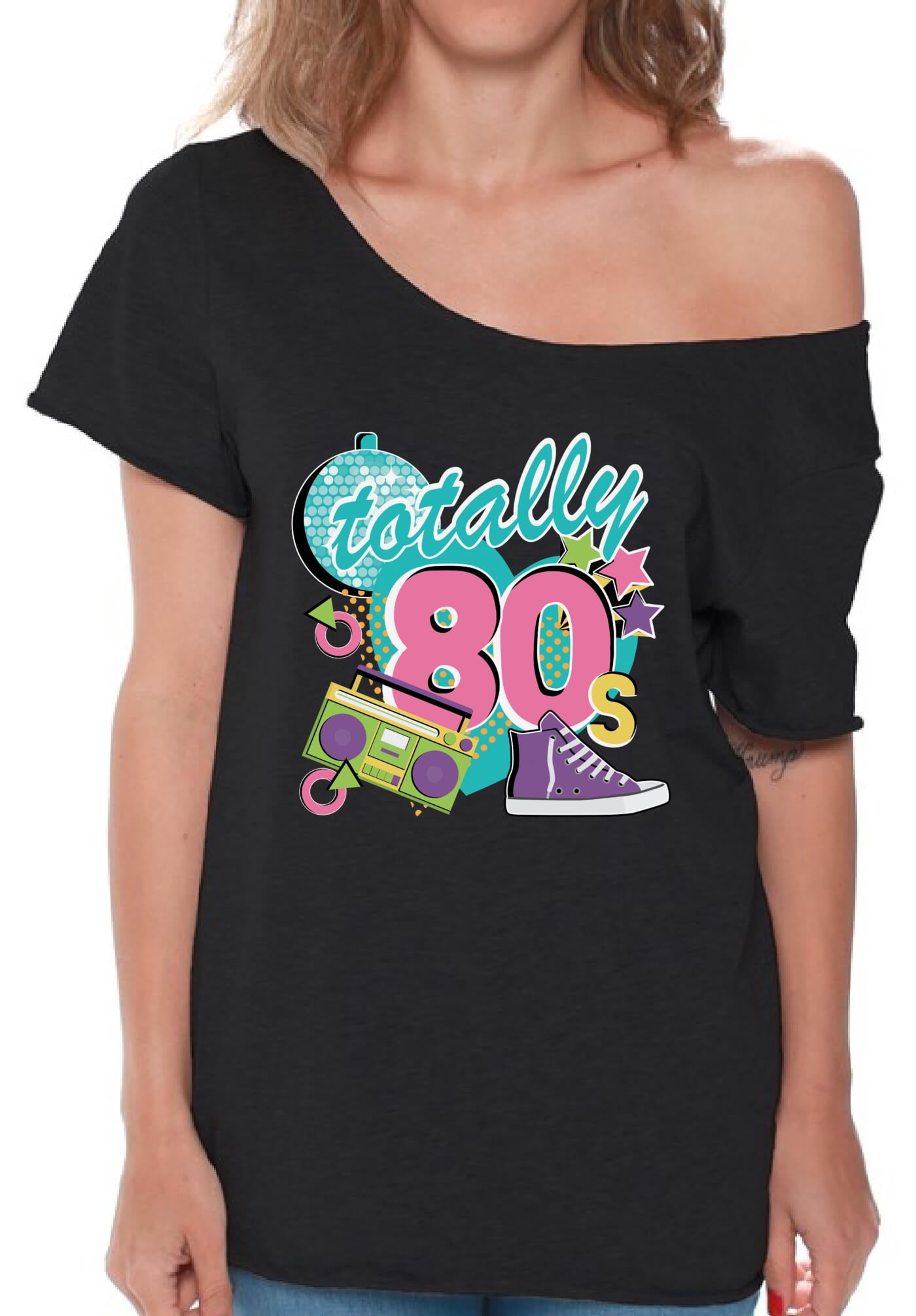 Costume 80's Clothes for Women Totally 80's Off The Shoulder Shirt - S ...
