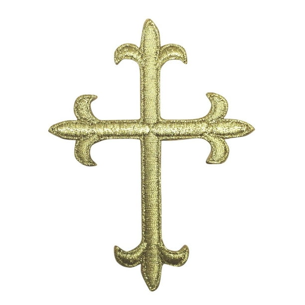 4" Gold Metallic Cross - Fleur De Lis - Religious - Iron On Applique ...
