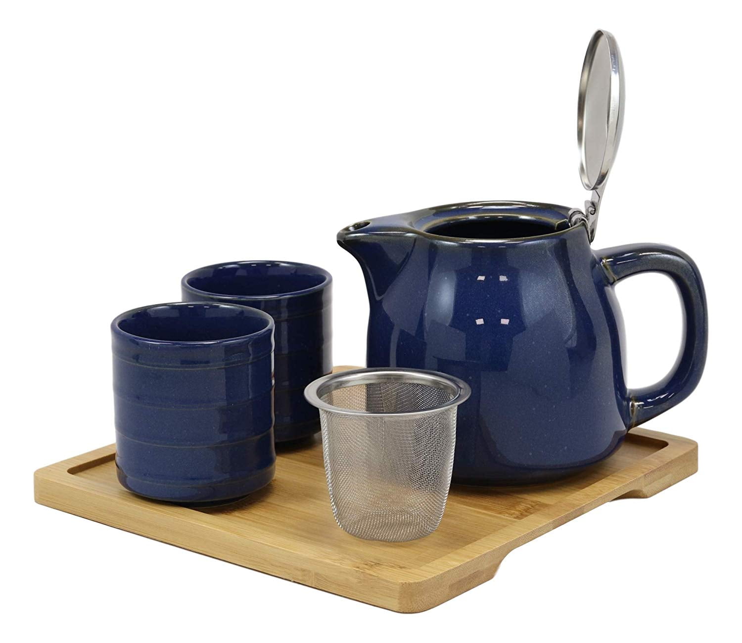 Navy Blue Contemporary Ceramic 20oz Tea Pot With 2 Cups And Bamboo Tray ...