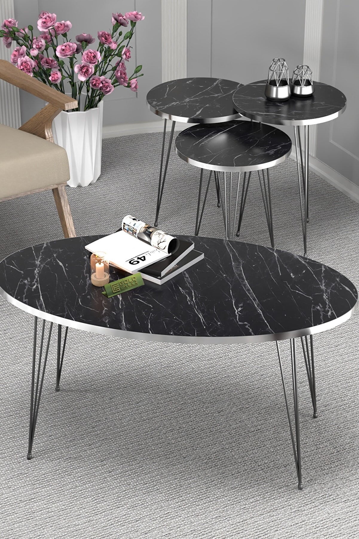 Black Marble Oval Coffee Table Set with 4 PCS,Set With 3 Modern Round ...