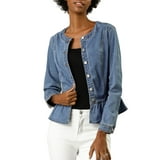 INSPIRE CHIC Women's Denim Jacket Button Down Peplum Hem Long Sleeve Cropped Washed Jean Jacket ...