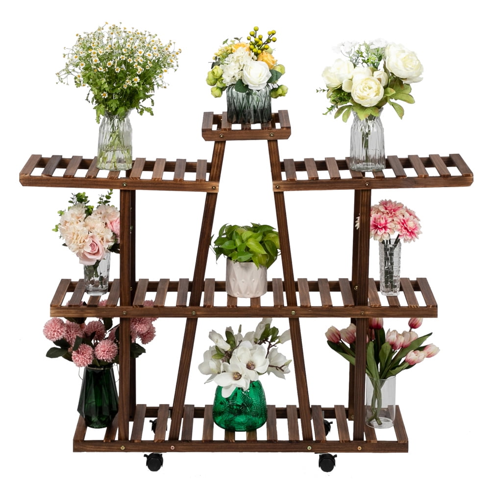 Cfowner 6 Tier Wooden Plant Stand, Movable Garden Shelf with Wheel ...