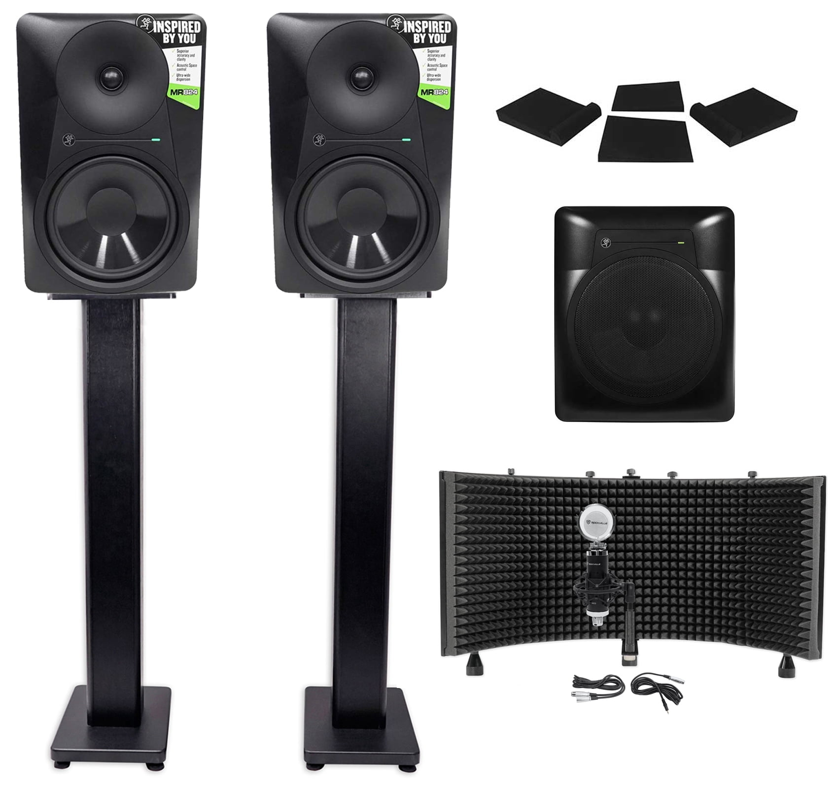 2 Mackie MR824 8” Powered Studio Monitors+10" Active Sub+Mic+Mount ...