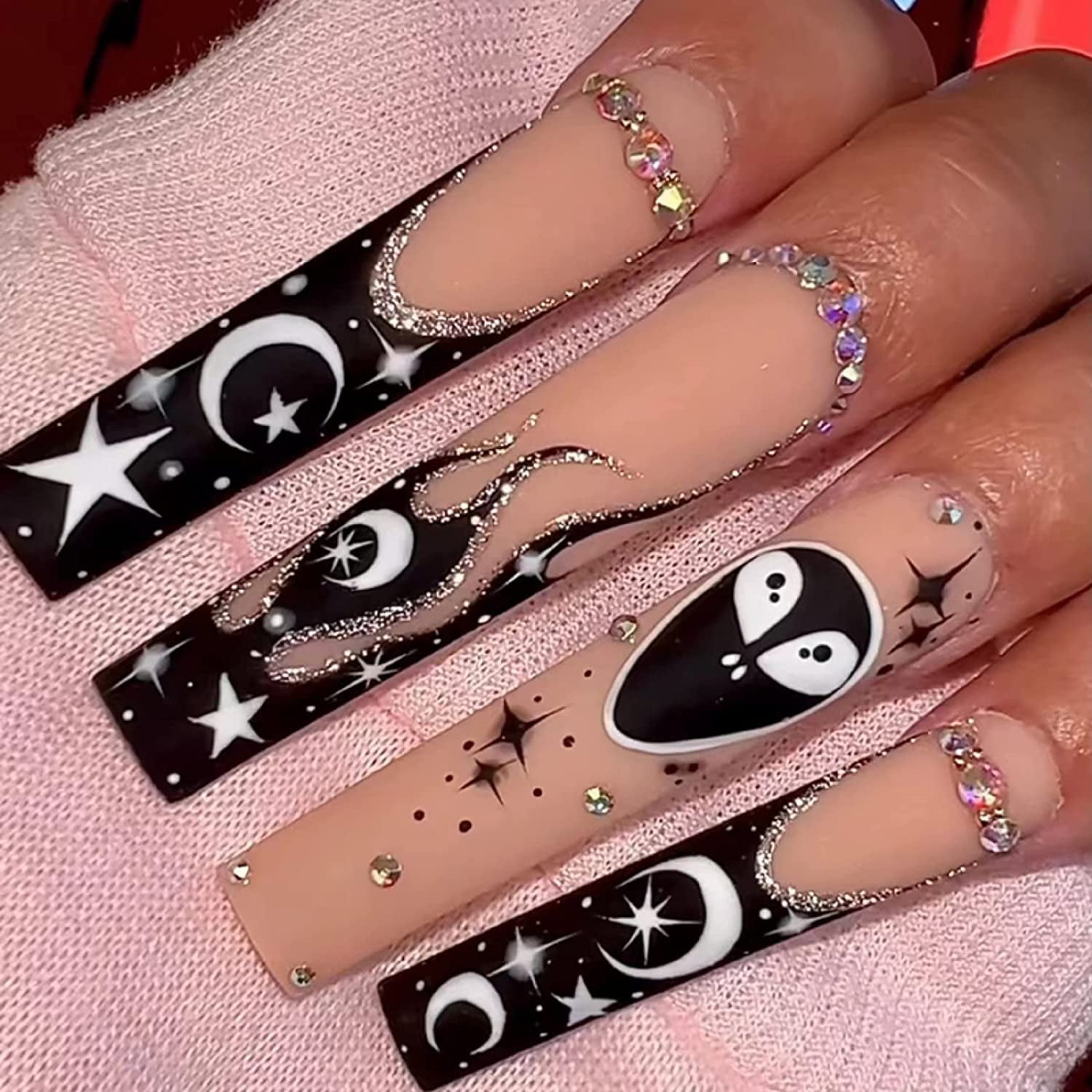 Sixdian Press on Nails Long Diamond Extra Long Square Moon Stars ...
