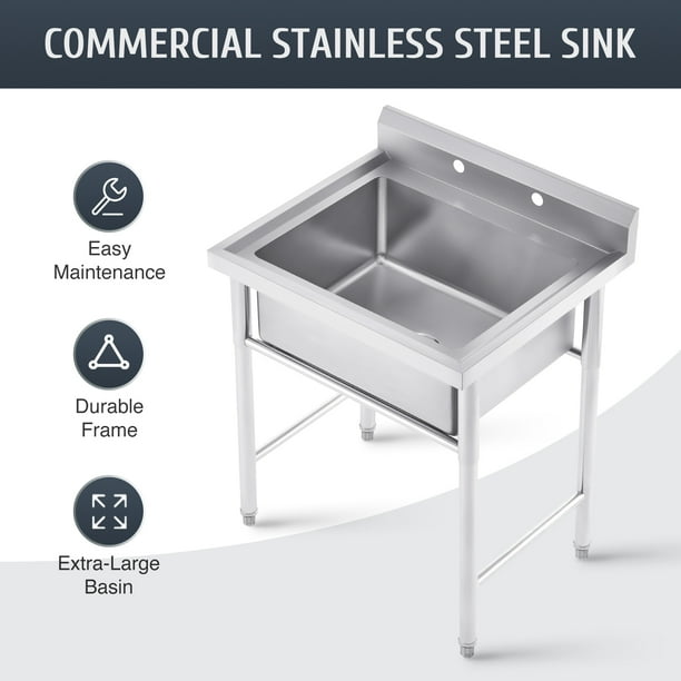 Wilprep Stainless Steel Sink w Backsplash Heavy Duty Water Basin and ...