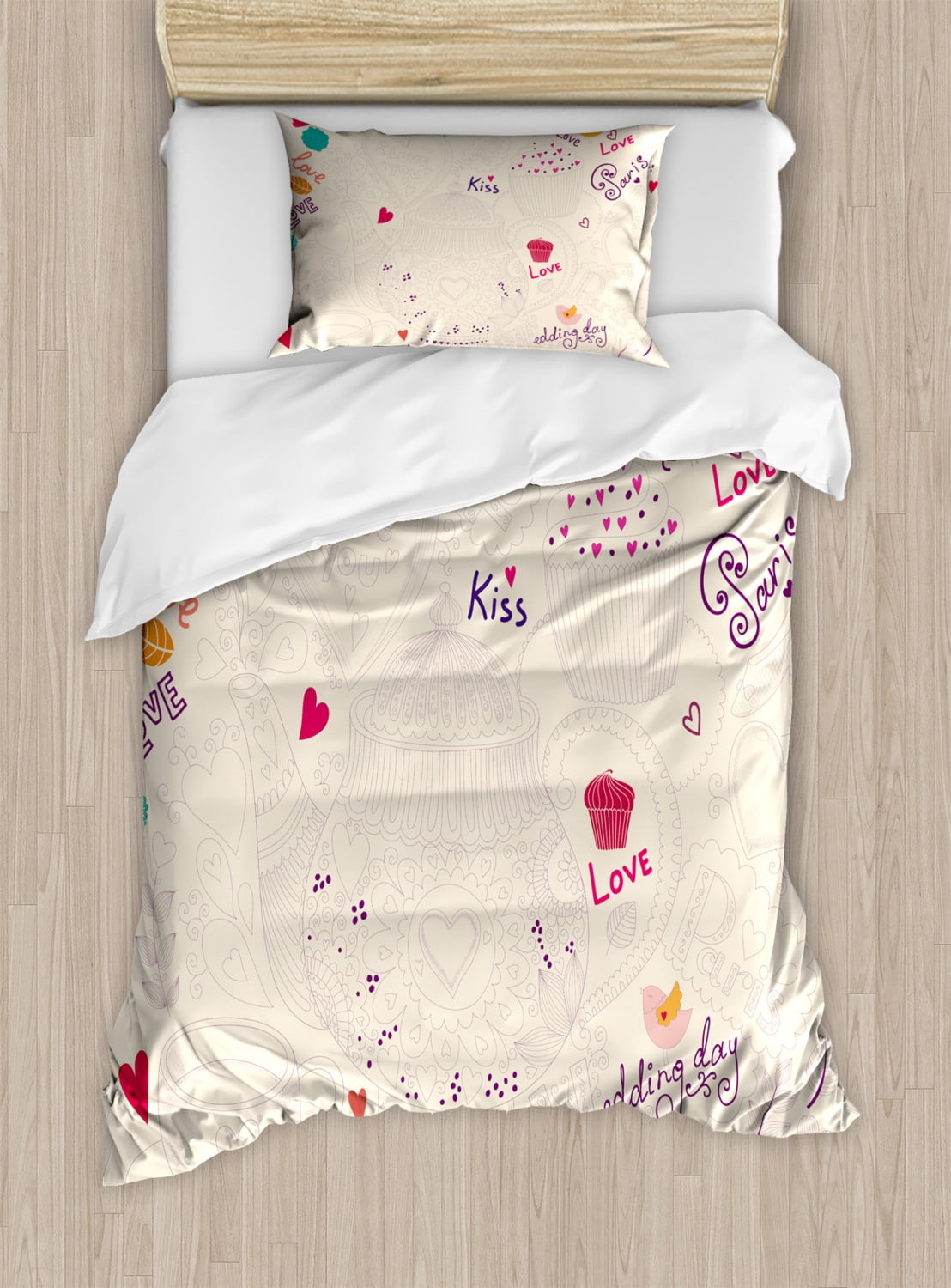 Tea Party Duvet Cover Set Twin Size, Hand Drawn Doodle Style Cartoon ...