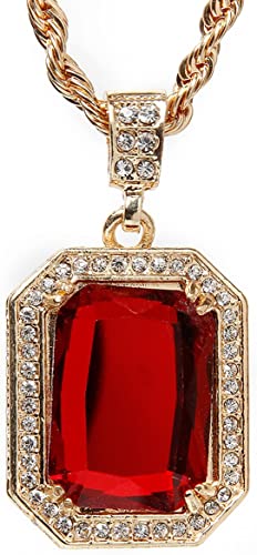 Hip Hop Bling Gold Tone Iced Out Red CZ Stone Octagon Pendant 24" Rope ...