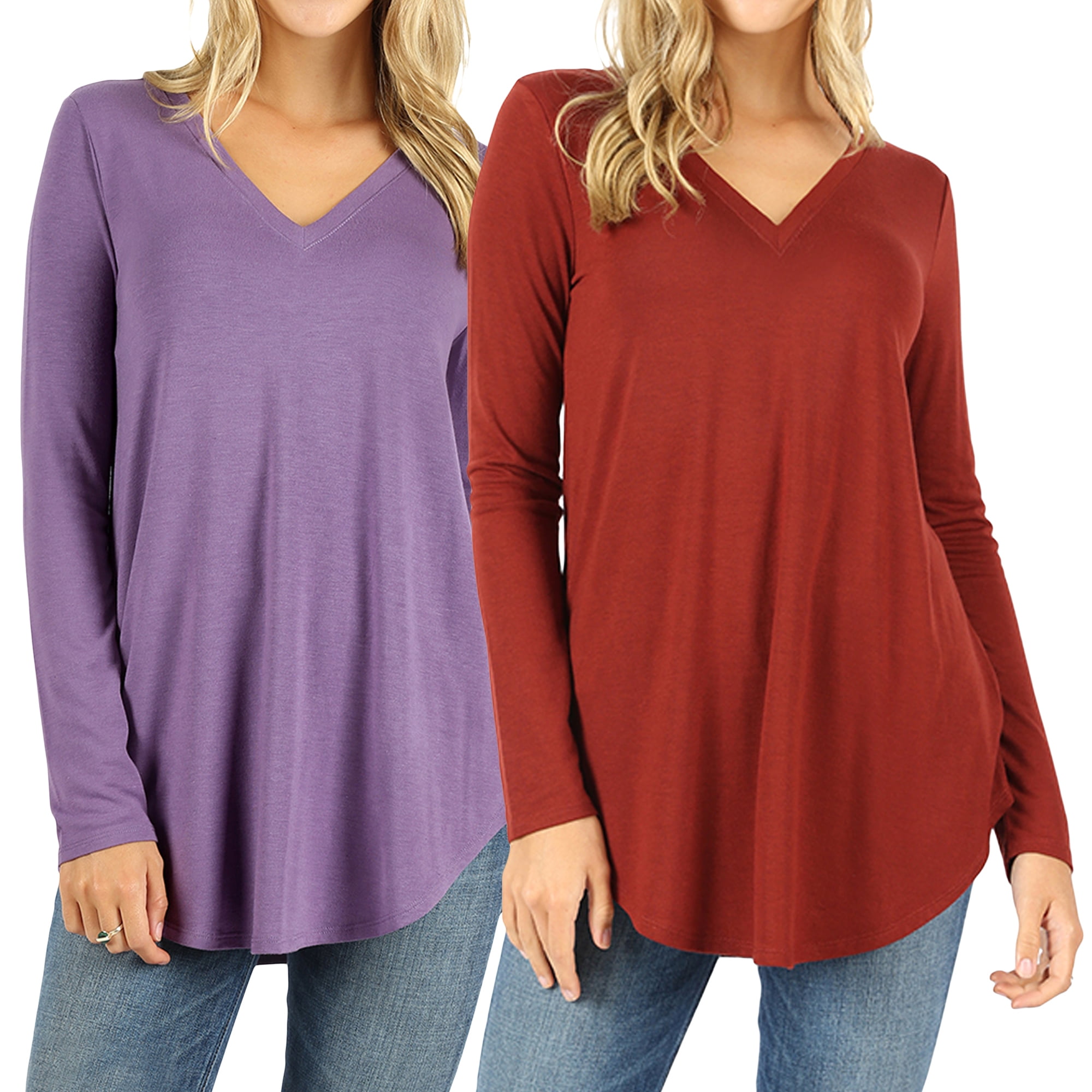 Women & Plus(S-3X) Relaxed Fit Long Sleeve V-Neck Round Hem Jersey Tee ...